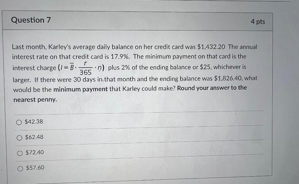 Solved Last month, Karley's average daily balance on her | Chegg.com