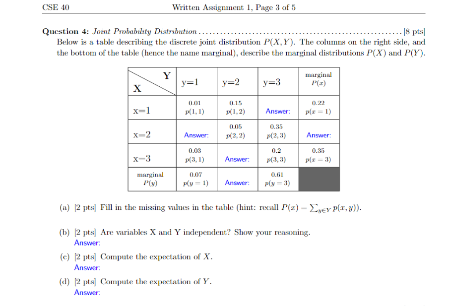 Solved Question 4: Joint Probability Distribution [8pts] | Chegg.com