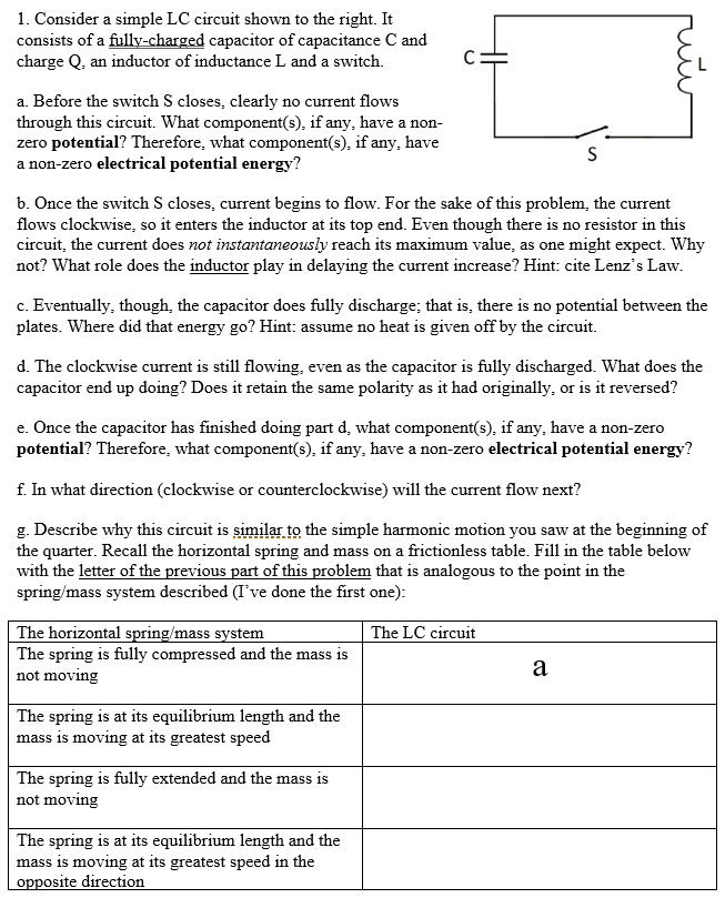 Solved ruu 1. Consider a simple LC circuit shown to the | Chegg.com