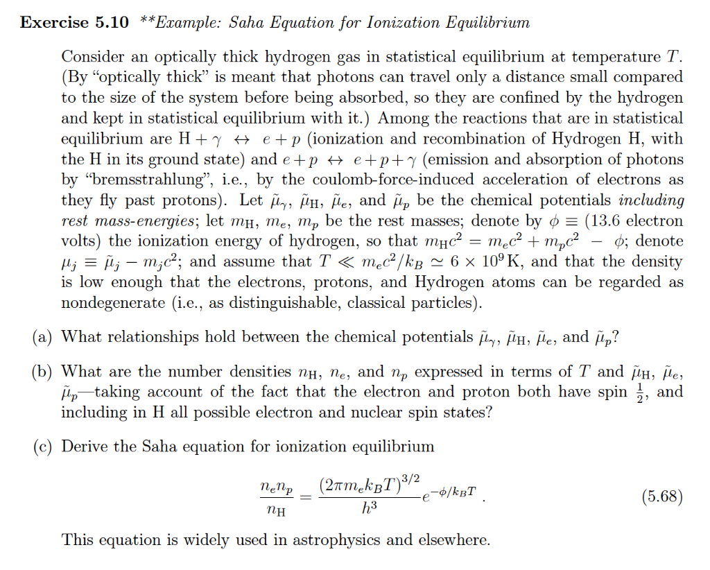 Exercise 5.10 **Example: Saha Equation for Ionization | Chegg.com