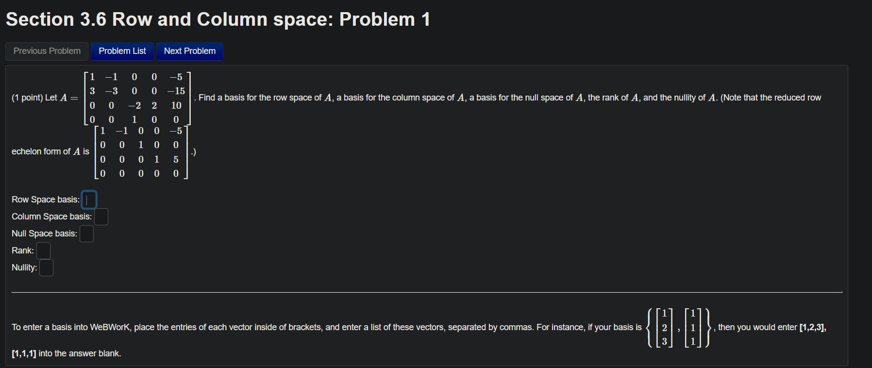 Solved Section 3.6 Row and Column space: Problem 1 Previous | Chegg.com