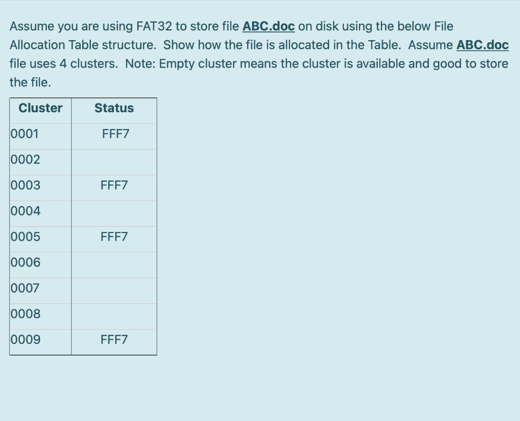 Solved Assume you are using FAT32 to store file ABC.doc on | Chegg.com