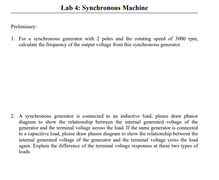 Solved Lab 4: Synchronous Machine Preliminary: 1. For a | Chegg.com
