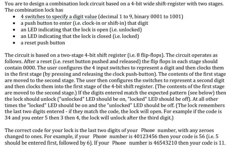 Solved You are to design a combination lock circuit based on | Chegg.com
