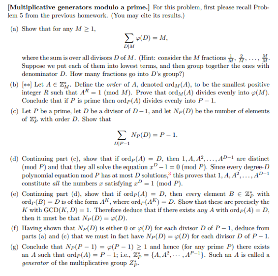 [Multiplicative generators modulo a prime.) For this | Chegg.com