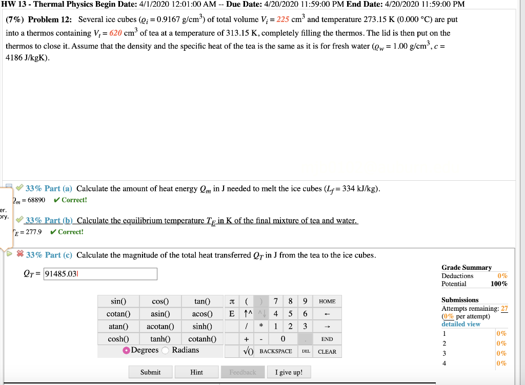 Solved HW 13 - Thermal Physics Begin Date: 4/1/2020 12:01:00 | Chegg.com