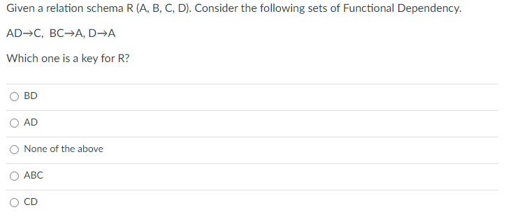 Solved Given a relation schema R(A, B, C, D). Consider the | Chegg.com