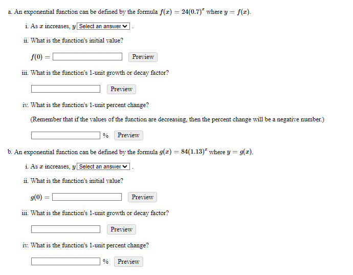 Solved a. An exponential function f with y=f(x) has a 1-unit | Chegg.com