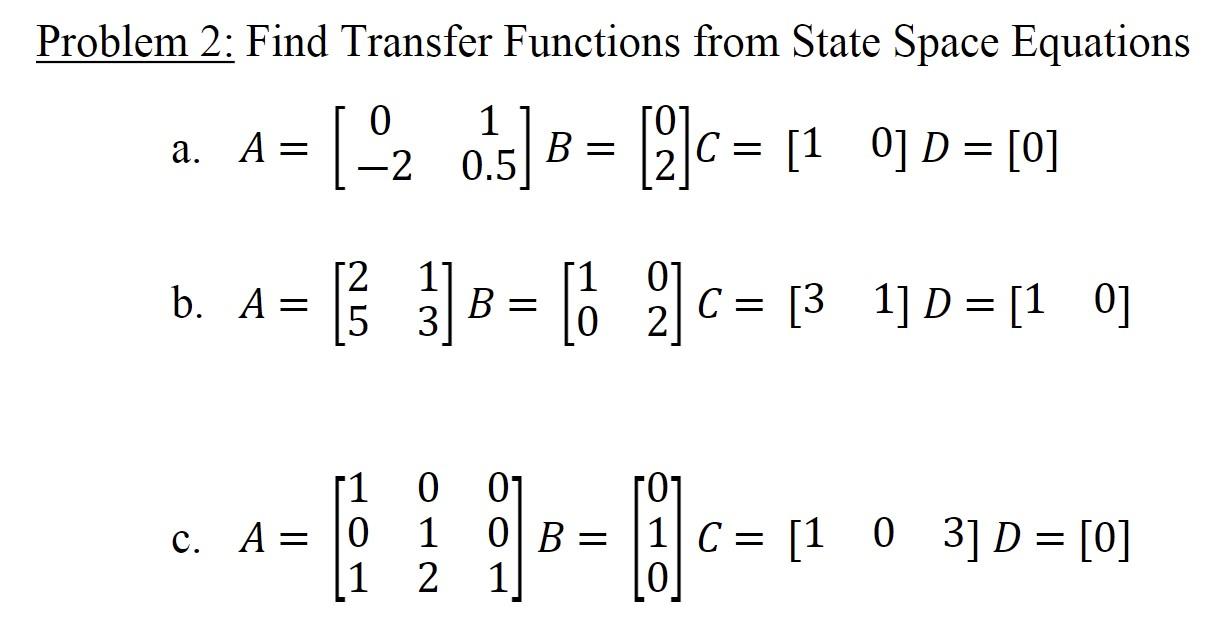 Solved Problem 2: Find Transfer Functions from State Space | Chegg.com