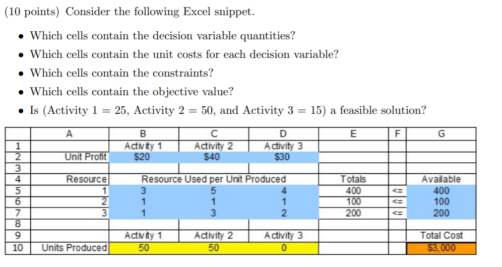 (10 points) Consider the following Excel snippet. • | Chegg.com