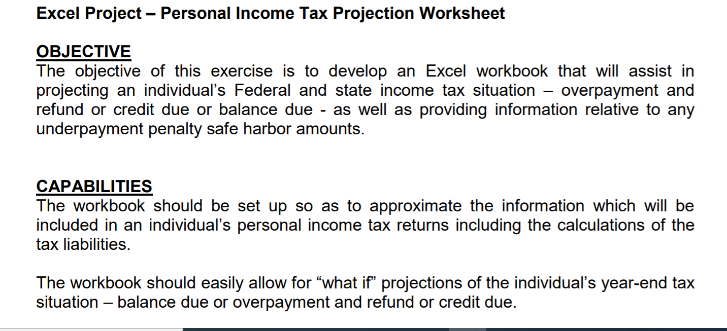 Excel Project - Personal Income Tax Projection | Chegg.com