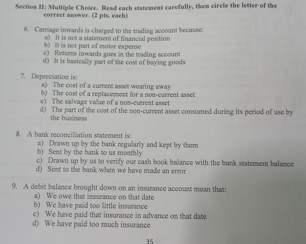 Solved Section II: Multiple Choice. Read each statement | Chegg.com