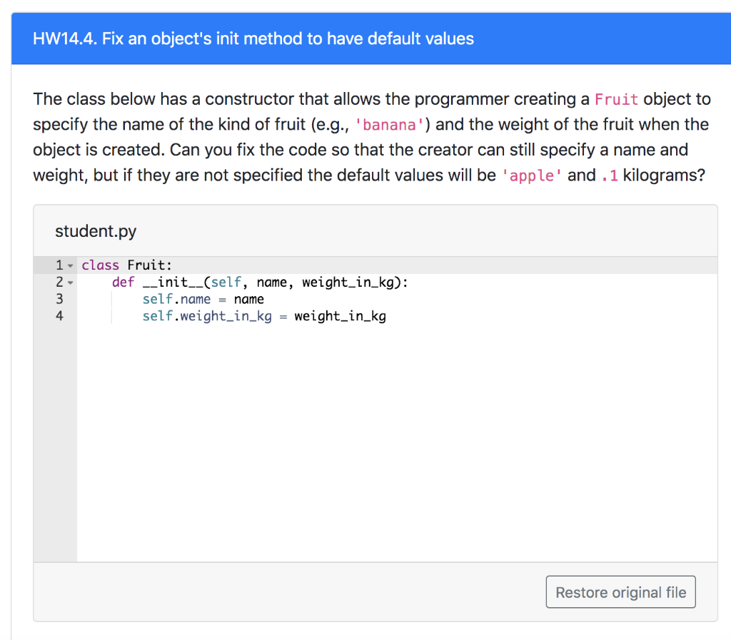 Solved Hw14 4 Fix An Object S Init Method To Have Default