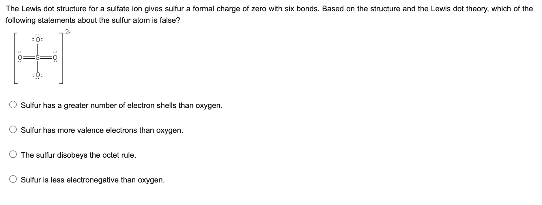 Solved The Lewis dot structure for a sulfate ion gives | Chegg.com