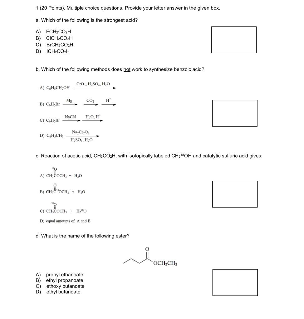 Solved 1 (20 Points). Multiple choice questions. Provide | Chegg.com