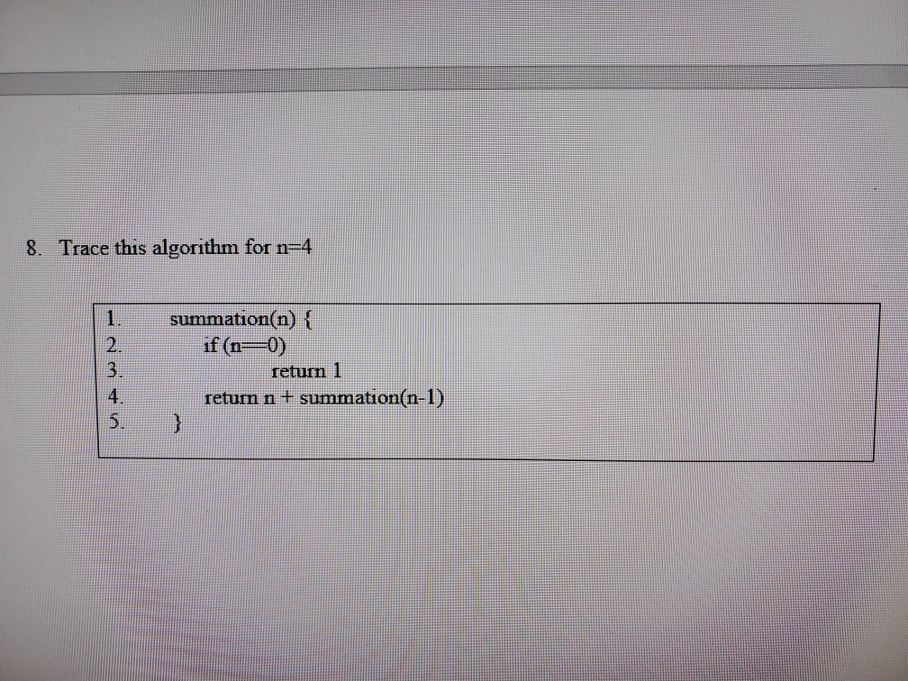 Solved 8. Trace this algorithm for n=4 UAWN summation(n) { | Chegg.com