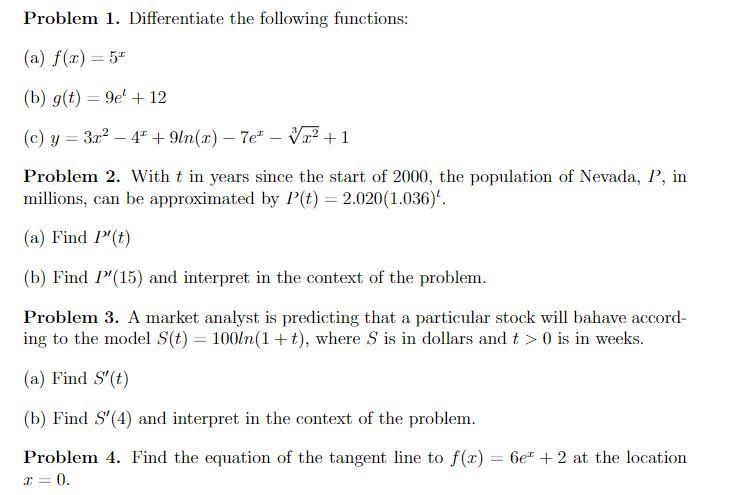 Solved Problem 1. Differentiate the following functions: (a) | Chegg.com