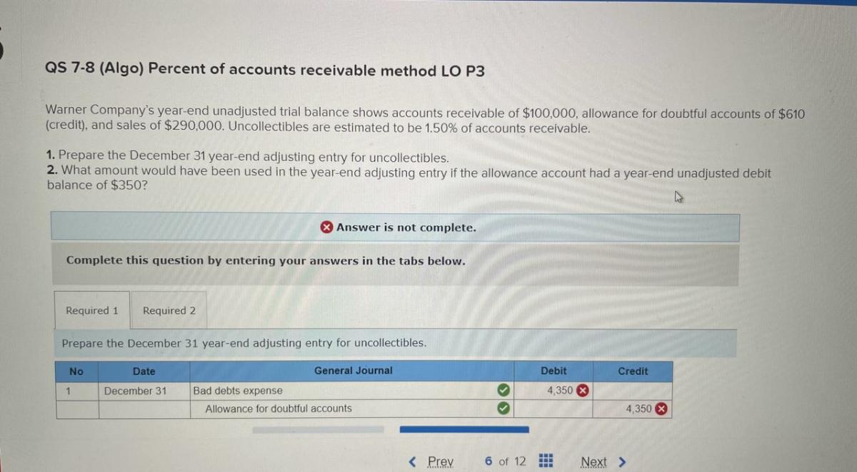 Solved QS 7-8 (Algo) Percent of accounts receivable method | Chegg.com