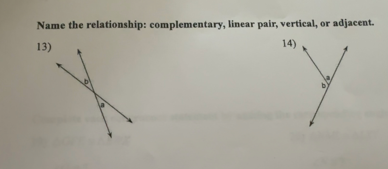 Solved Name the relationship: complementary, linear pair, | Chegg.com