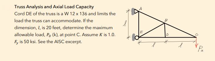 Solved Truss Analysis and Axial Load CapacityCord DE of the | Chegg.com