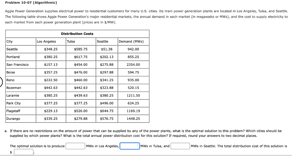 Solved Problem 10-07 (Algorithmic) Aggie Power Generation | Chegg.com