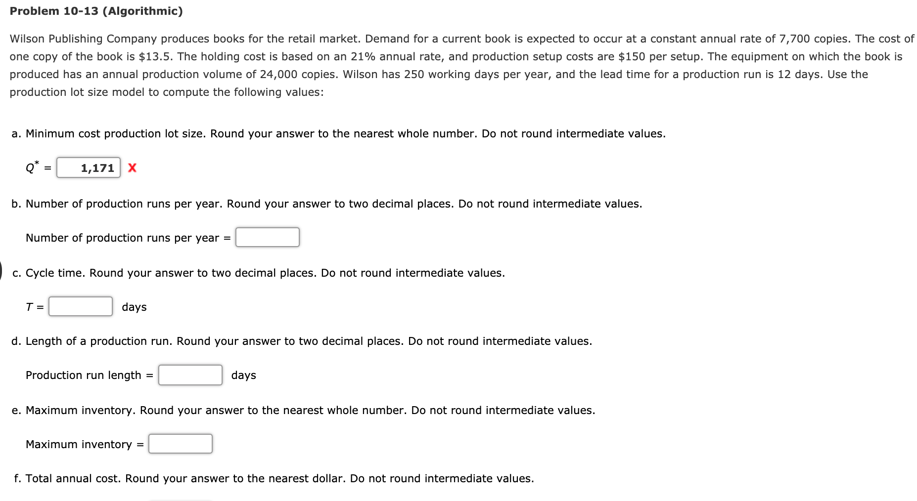 Solved Problem 10-13 (Algorithmic) Wilson Publishing Company | Chegg.com