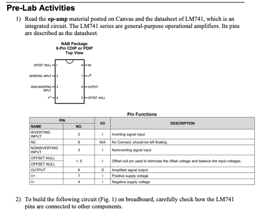 Solved Pre-Lab Activities 1) Read the op-amp material posted | Chegg.com