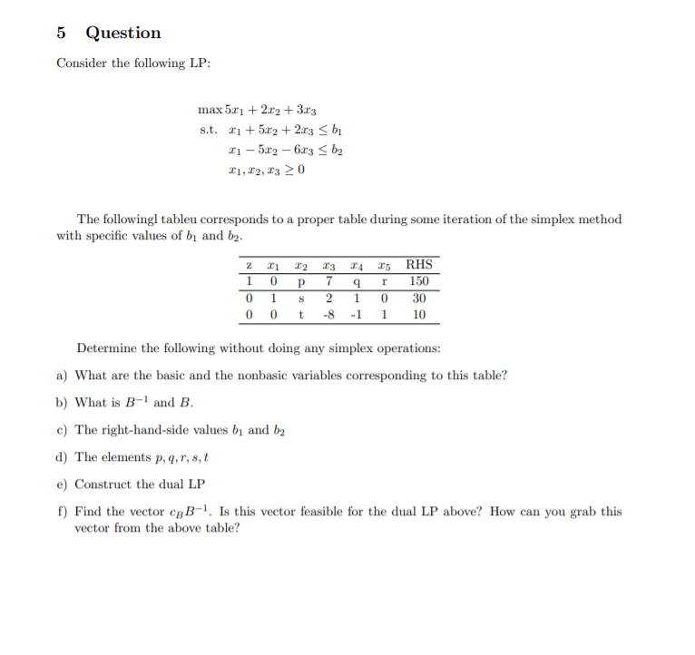 Solved 5 Question Consider the following LP: max 5x1 + 2.02 | Chegg.com