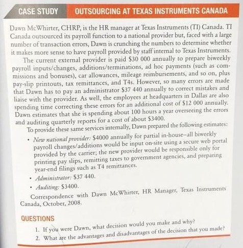 Solved CASE STUDY OUTSOURCING AT TEXAS INSTRUMENTS CANADA | Chegg.com