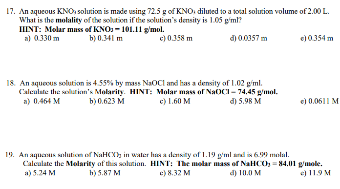 Solved 17. An aqueous KNO3 solution is made using 72.5 g of | Chegg.com