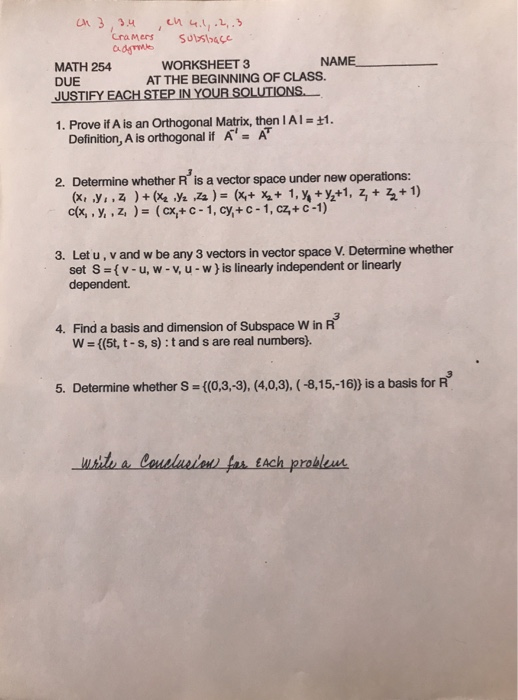 Solved Cramers SulSe MATH 254 DUE WORKSHEET 3 AT THE | Chegg.com