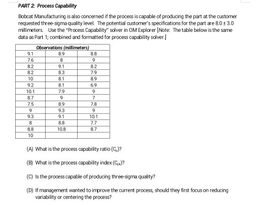 Solved PART 2 Process Capability Bobcat Manufacturing is | Chegg.com