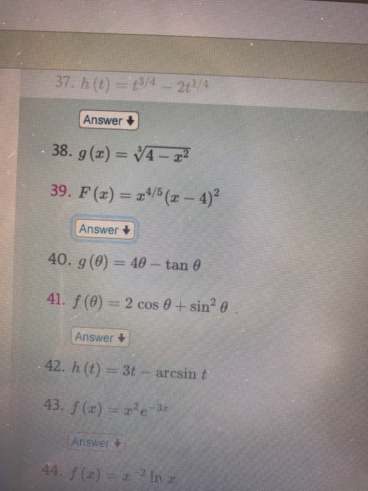 Solved 37. h (t) = t3/4-2t1/4 Answer 38. g (r) = VT 39. F () | Chegg.com