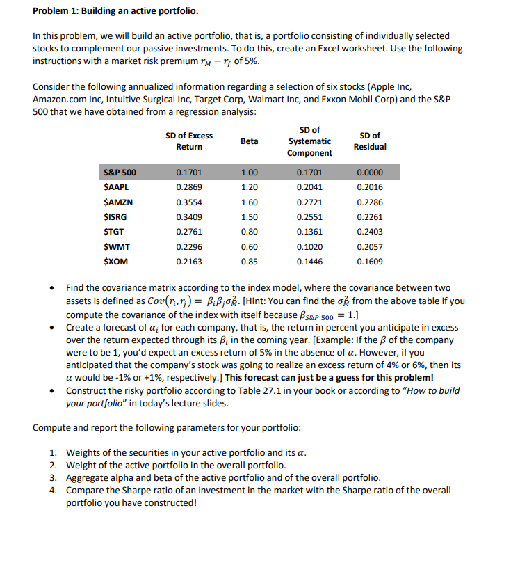 Problem 1: Building an active portfolio. In this | Chegg.com