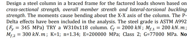 Solved Design a steel column in a braced frame for the | Chegg.com