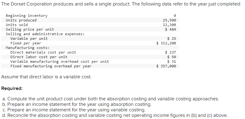 Solved Assume that direct labor is a variable cost. | Chegg.com