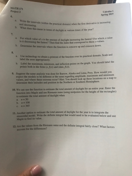 MATH 171 Project 3 Calculus Spring 2015s The | Chegg.com