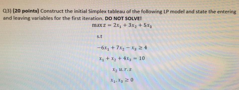 Solved Q3) (20 points) Construct the initial Simplex tableau | Chegg.com