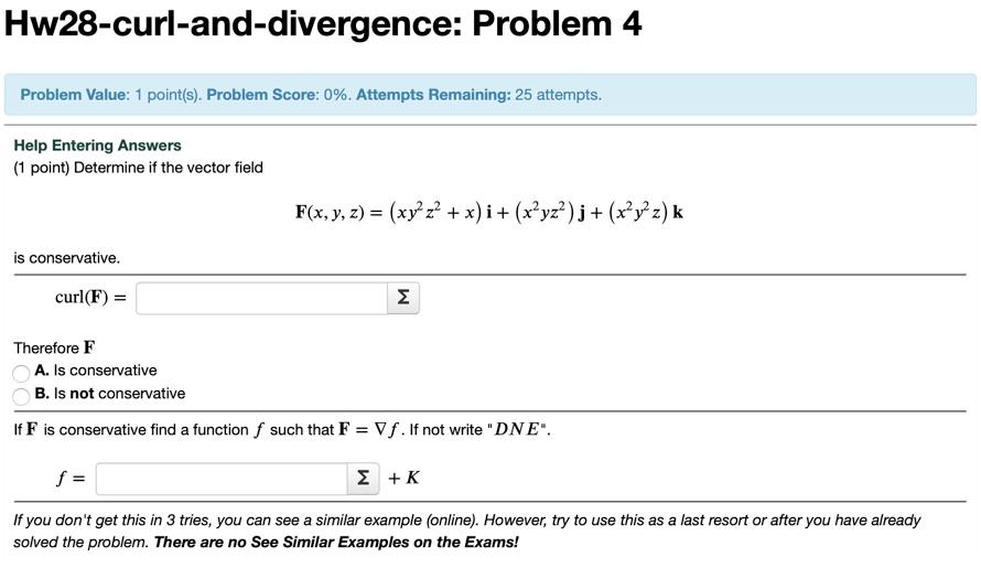 Solved Hw28-curl-and-divergence: Problem 4 Problem Value: 1 | Chegg.com