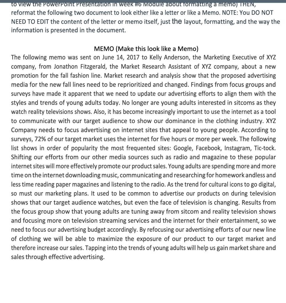 Solved Writing Assignment #2: “Formatting a Memo & a Letter" | Chegg.com