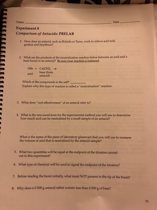 Solved Name Experiment 8 Comparison of Antacids: PRELAB Date | Chegg.com