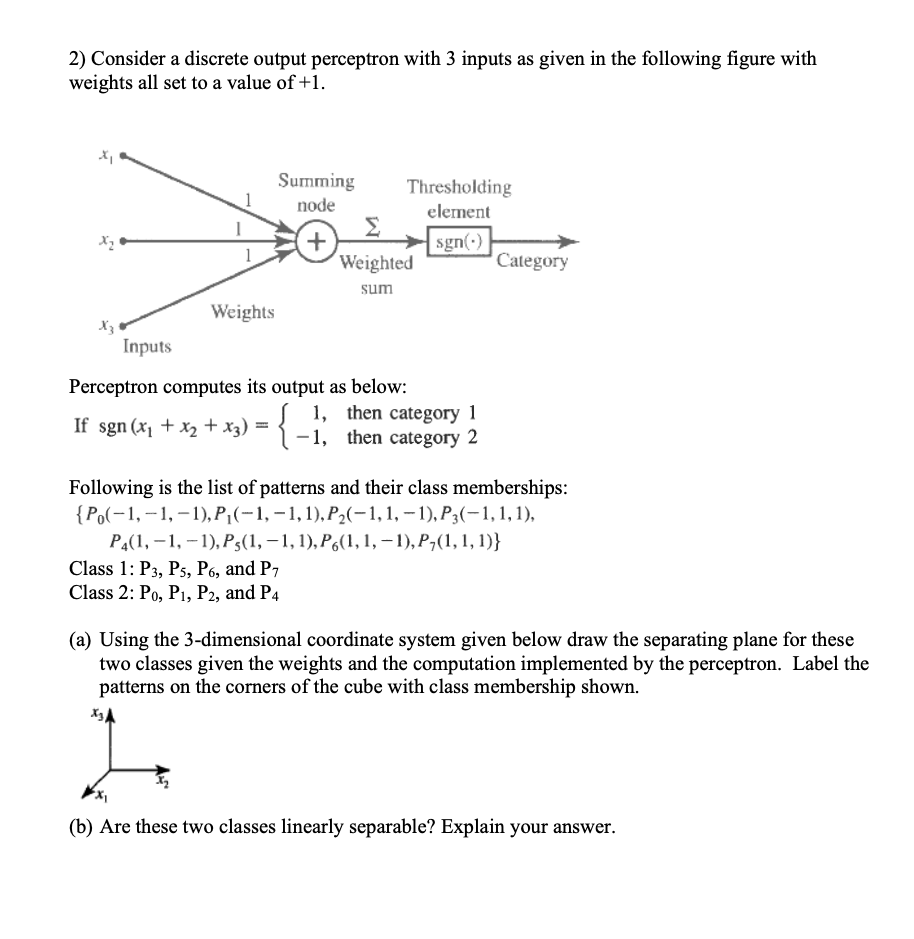 Solved 2) Consider a discrete output perceptron with 3 | Chegg.com