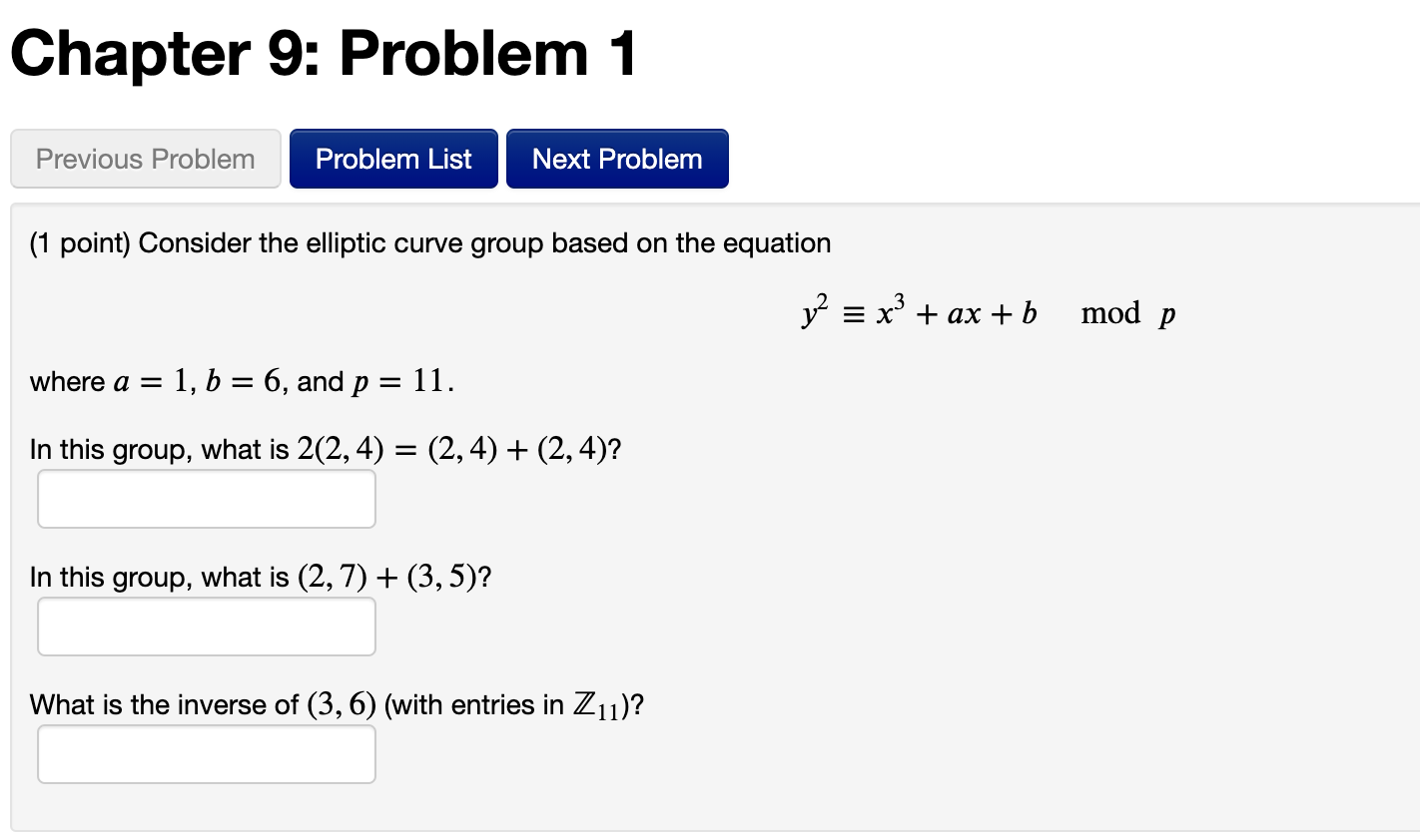Solved (1 point) Consider the elliptic curve group based on | Chegg.com