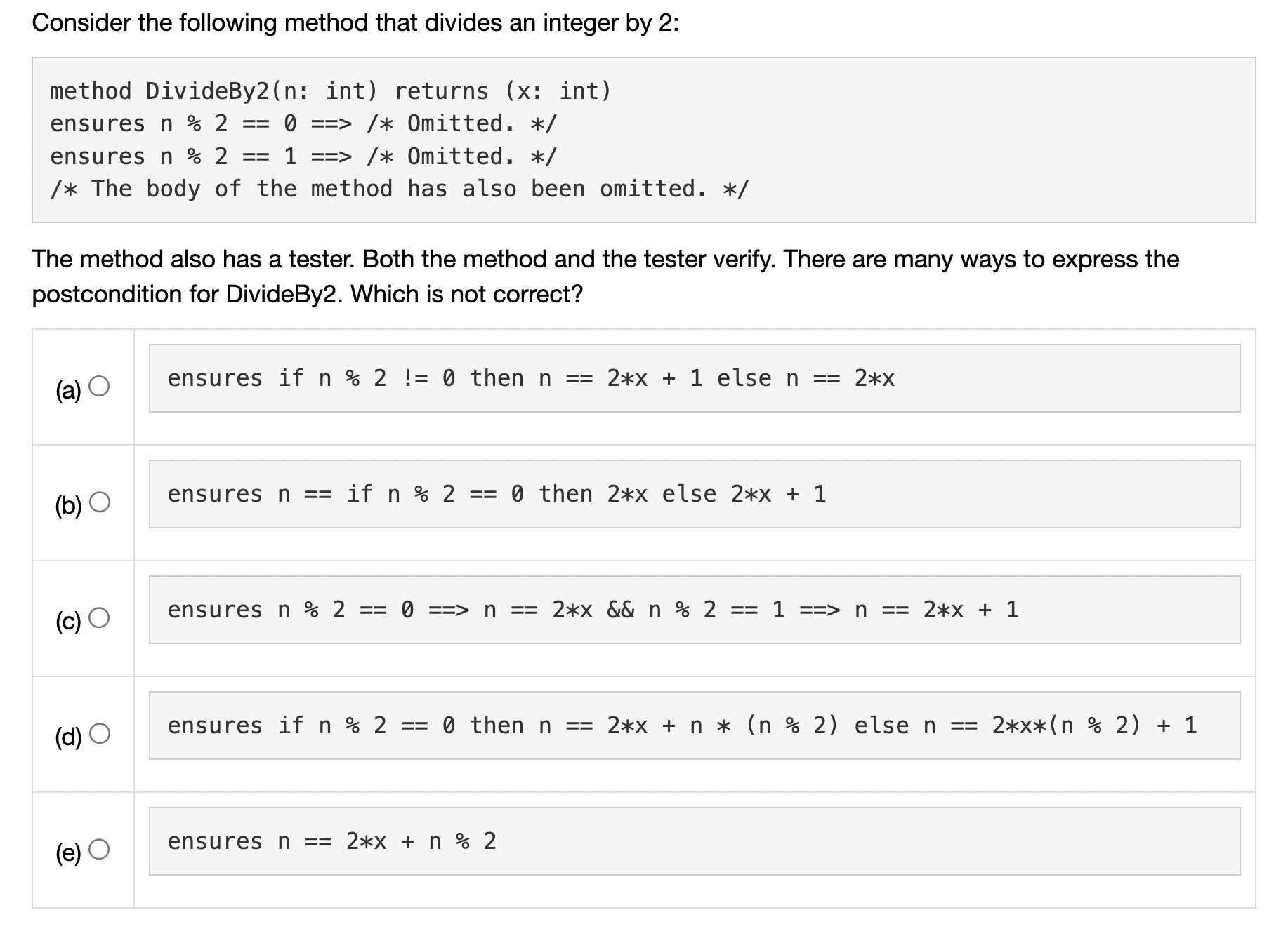Solved Consider the following method that divides an integer | Chegg.com
