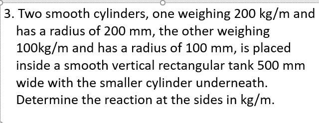 Solved 3. Two smooth cylinders, one weighing 200 kg/m and | Chegg.com