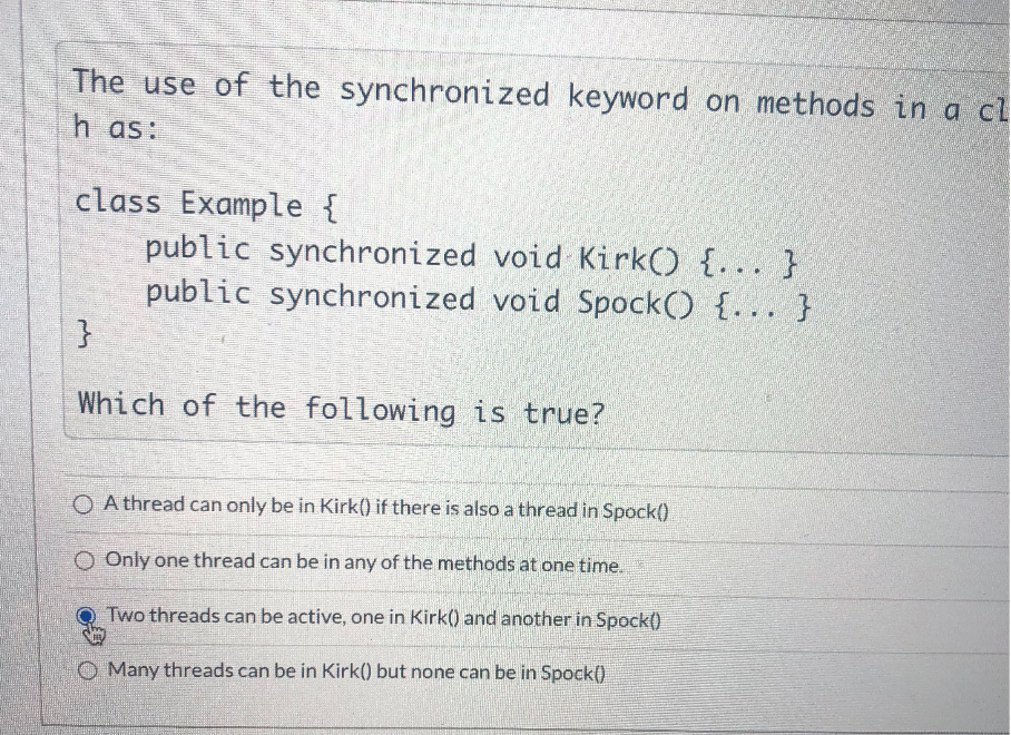 Solved The use of the synchronized keyword on methods in a | Chegg.com Solved The use of the synchronized keyword on methods in a | Chegg.com