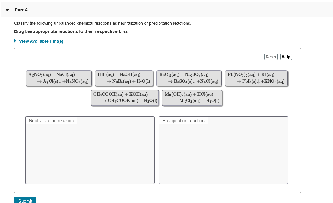 Solved Part A Classify the following unbalanced chemical | Chegg.com