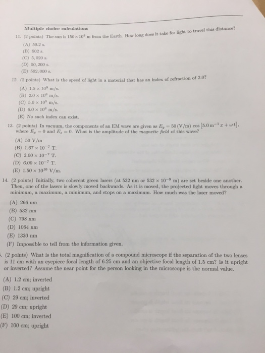 Solved Multiple choice calculations 11. (2 points) The sun | Chegg.com