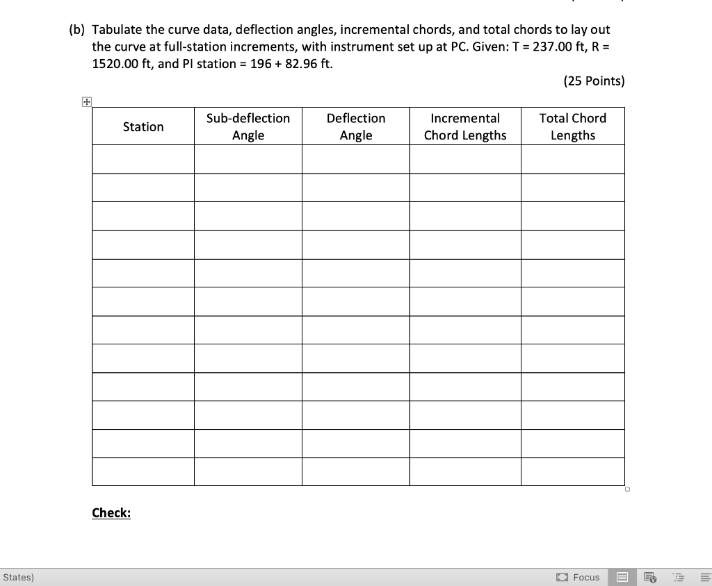 Solved (b) Tabulate the curve data, deflection angles, | Chegg.com