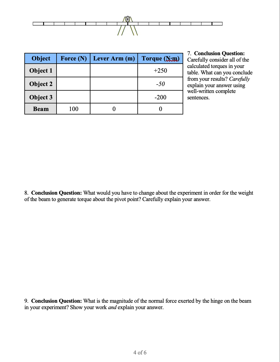 Solved Object Force (N) Lever Arm (m) Torque (Nim) Object 1 | Chegg.com